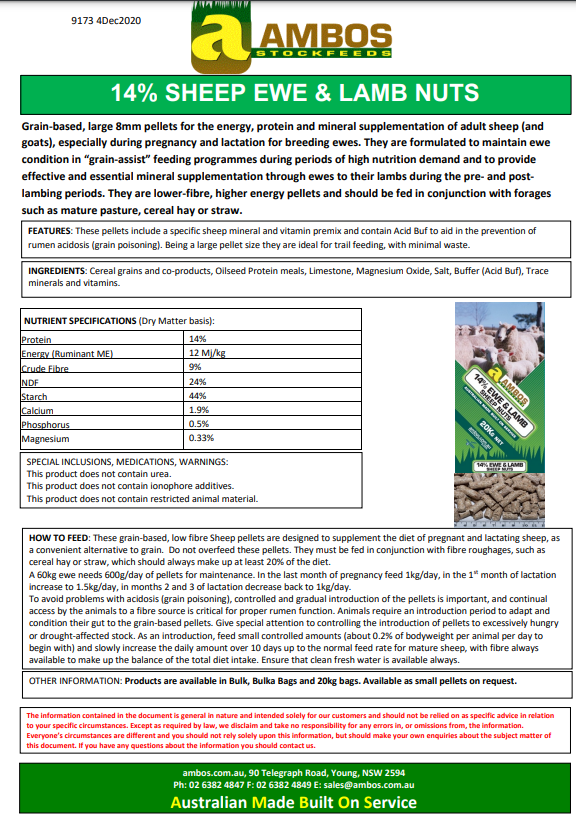 Ambos Sheep Ewe & Lamb Sheep Nuts 14% 20kg – Petstock Country Brindabella